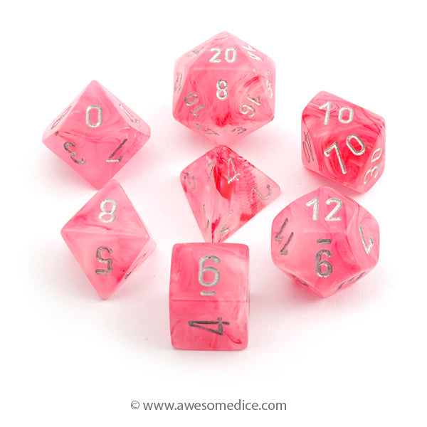 Pink Ghostly Glow in the Dark 7-Dice Set - Awesome Dice